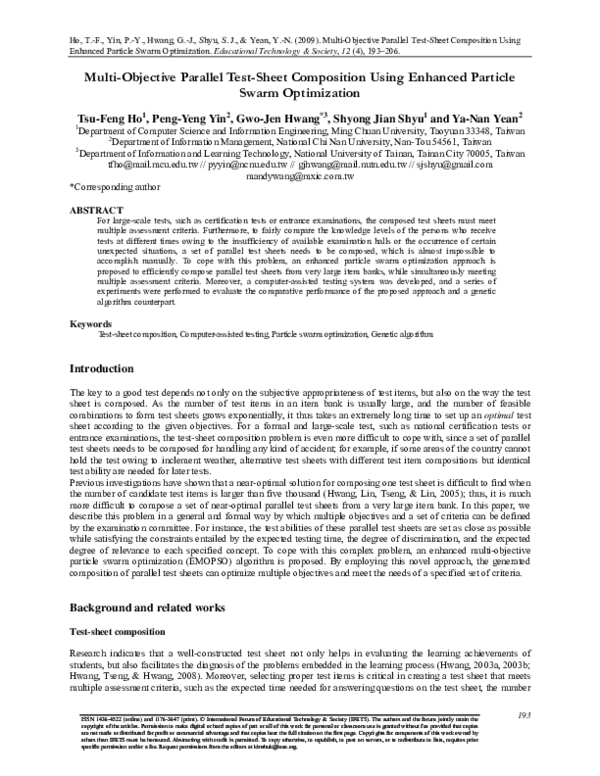 Pdf Multi Objective Parallel Test Sheet Composition Using Enhanced Particle Swarm Optimization