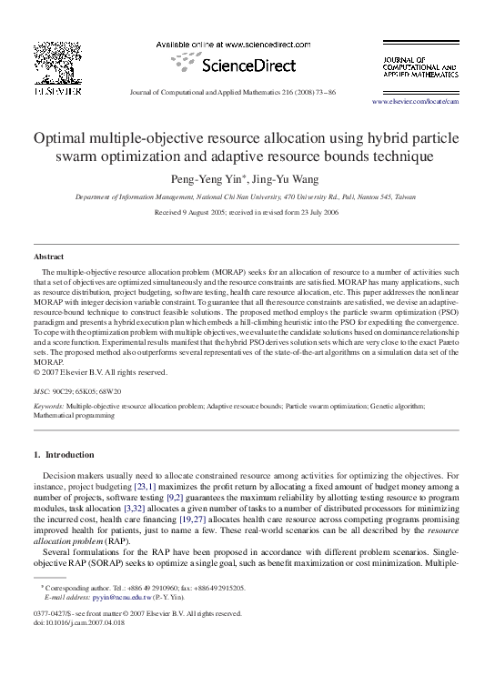 (PDF) Optimal multiple-objective resource allocation using hybrid particle swarm optimization ...