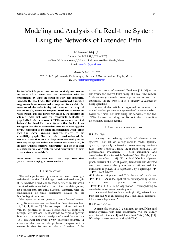 (PDF) Modeling and Analysis of a Real-Time System Using the Networks of Extended Petri