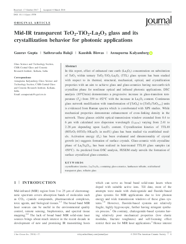 (PDF) Mid-IR transparent TeO 2 -TiO 2 -La 2 O 3 glass and its ...
