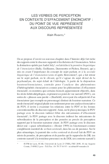(PDF) Les verbes de perception en contexte d'effacement énonciatif : du ...
