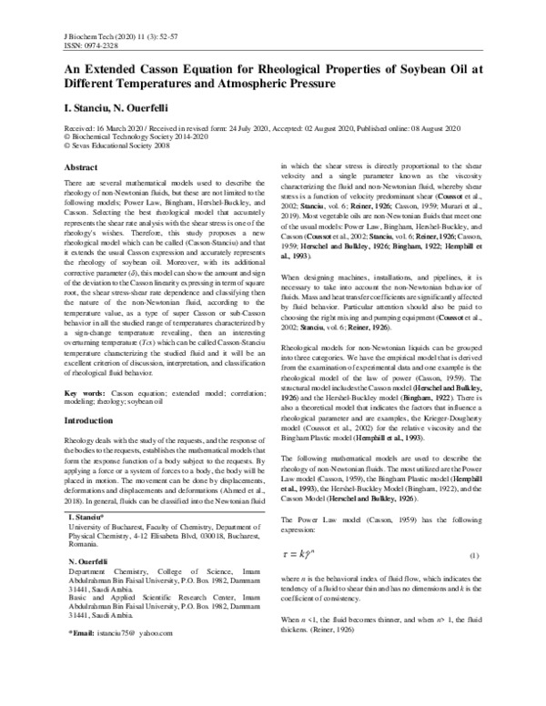 (PDF) An Extended Casson Equation for Rheological Properties of Soybean ...