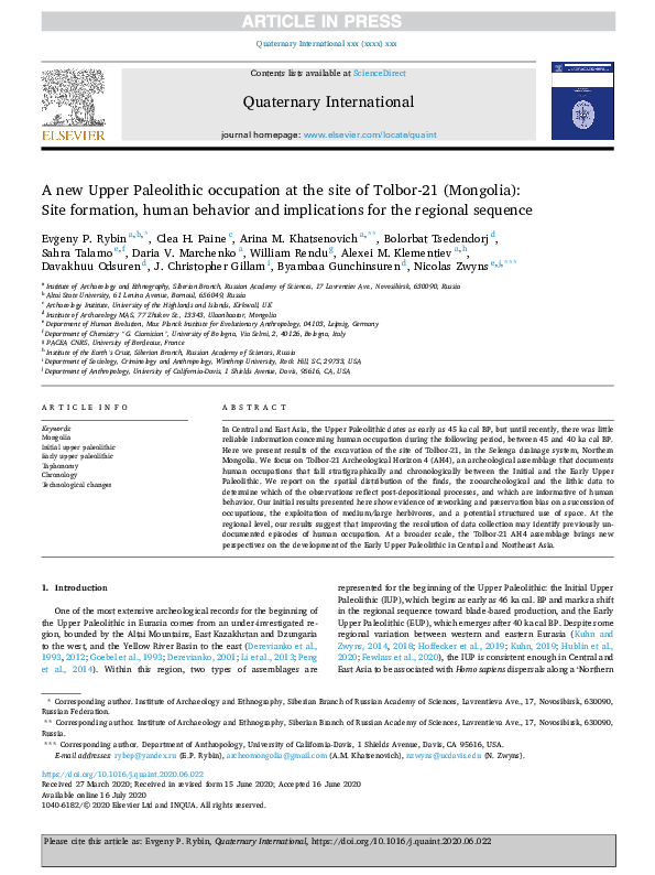 (PDF) A new Upper Paleolithic occupation at the site of Tolbor-21 (Mongolia): Site formation ...