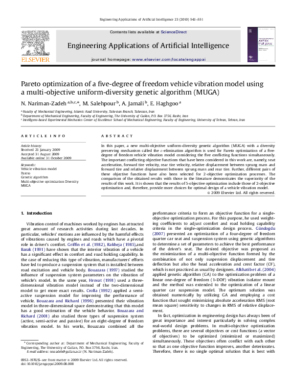 Pdf Pareto Optimization Of A Five Degree Of Freedom Vehicle Vibration Model Using A Multi