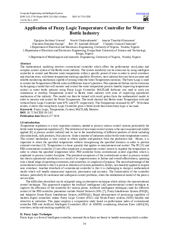 Pdf Application Of Fuzzy Logic Temperature Controller For Water