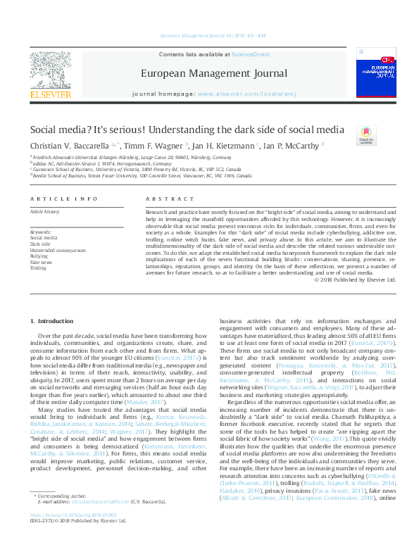 (PDF) Social media? It's serious! Understanding the dark side of social ...