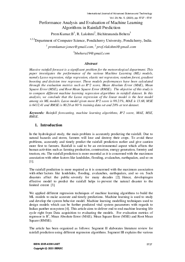 Pdf Performance Analysis And Evaluation Of Machine Learning Algorithms In Rainfall Prediction