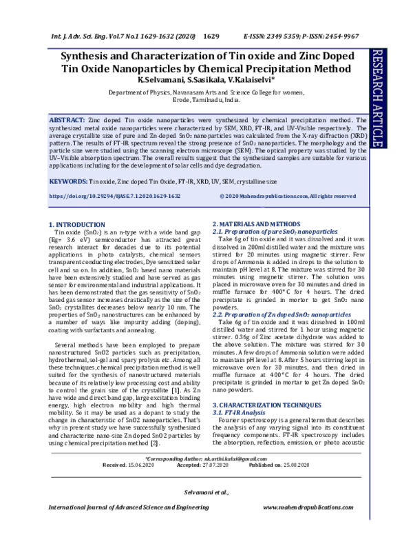 (PDF) Synthesis and Characterization of Tin oxide and Zinc Doped Tin Oxide Nanoparticles by ...