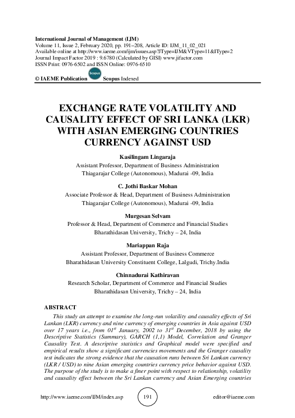 (PDF) EXCHANGE RATE VOLATILITY AND CAUSALITY EFFECT OF SRI LANKA (LKR ...