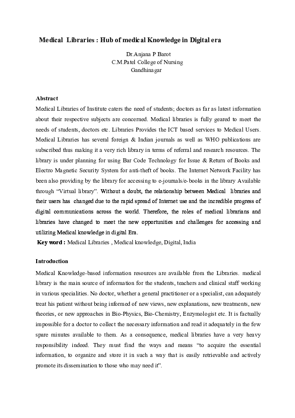 (DOC) Medical Libraries : Hub of medical Knowledge in Digital era