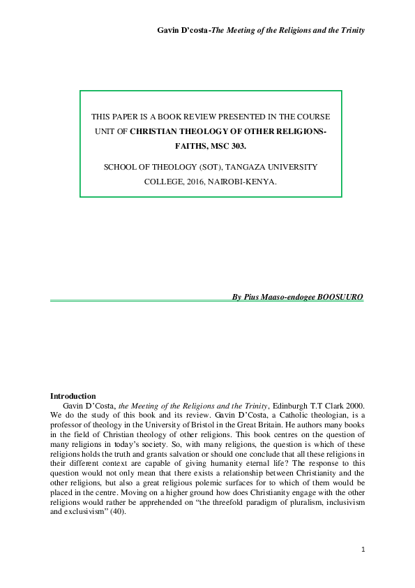 (PDF) Gavin D'costa-The Meeting of the Religions and the Trinity