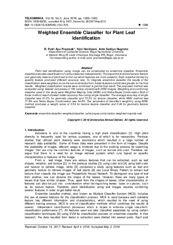 (PDF) Weighted Ensemble Classifier for Plant Leaf Identification