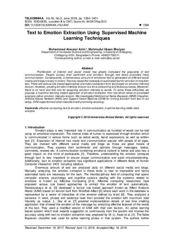 Pdf Text To Emotion Extraction Using Supervised Machine Learning