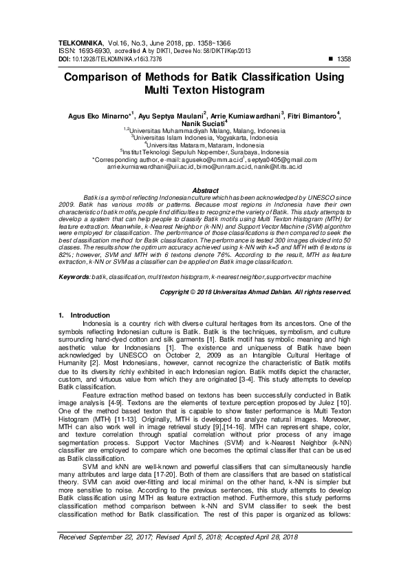 (PDF) Comparison of Methods for Batik Classification Using Multi Texton Histogram