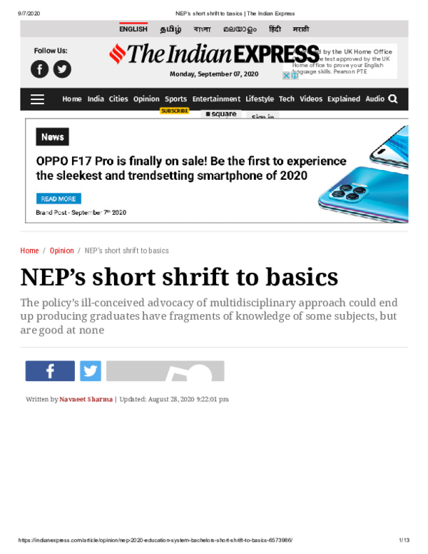 (PDF) NEP’s short shrift to basics The Indian Express