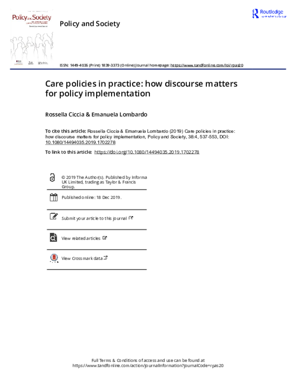 (PDF) Policy and Society Care policies in practice: how discourse ...