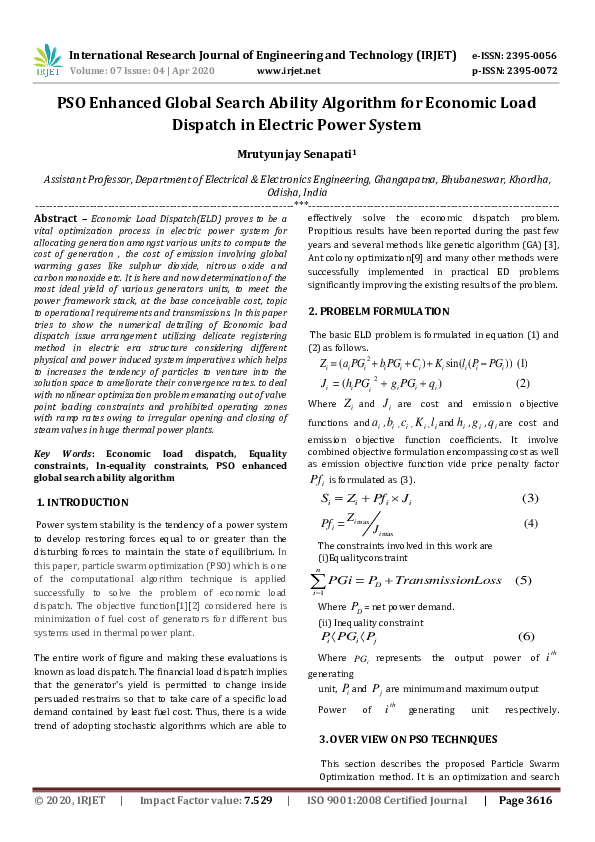 (PDF) IRJET- PSO Enhanced Global Search Ability Algorithm for Economic Load Dispatch in Electric ...