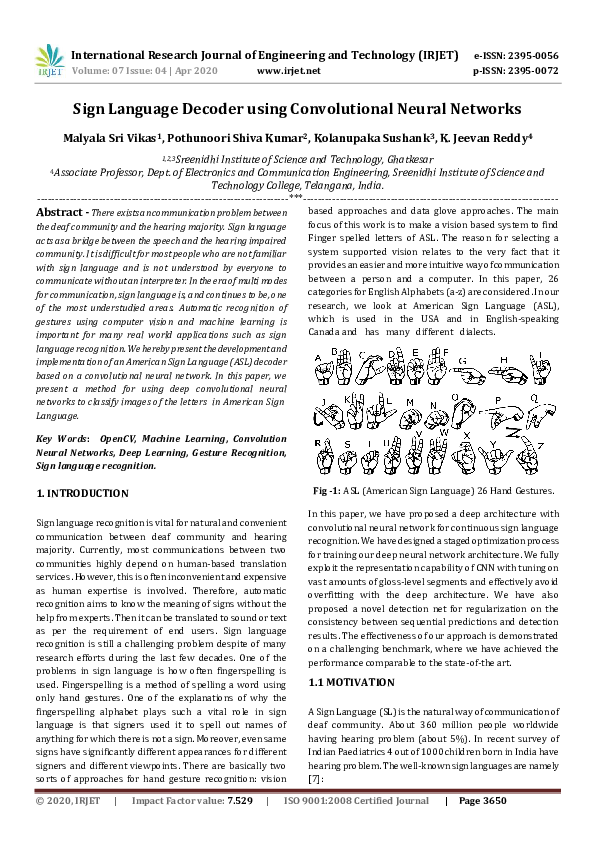 (PDF) IRJET- Sign Language Decoder using Convolutional Neural Networks