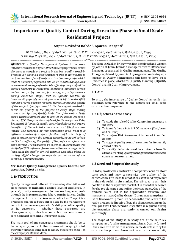(PDF) IRJET- Importance of Quality Control During Execution Phase in ...