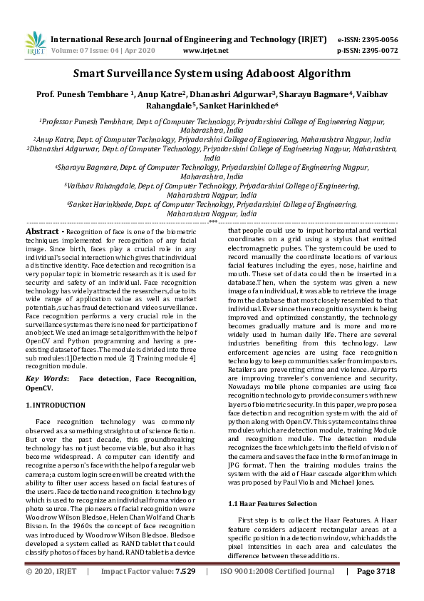 (PDF) IRJET- Smart Surveillance System using Adaboost Algorithm