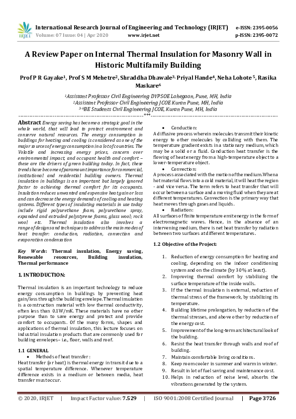 (PDF) IRJET- A Review Paper on Internal Thermal Insulation for Masonry ...