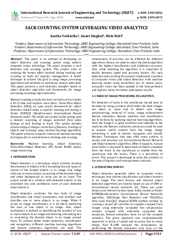 Pdf Irjet Sack Counting System Leveraging Video Analytics