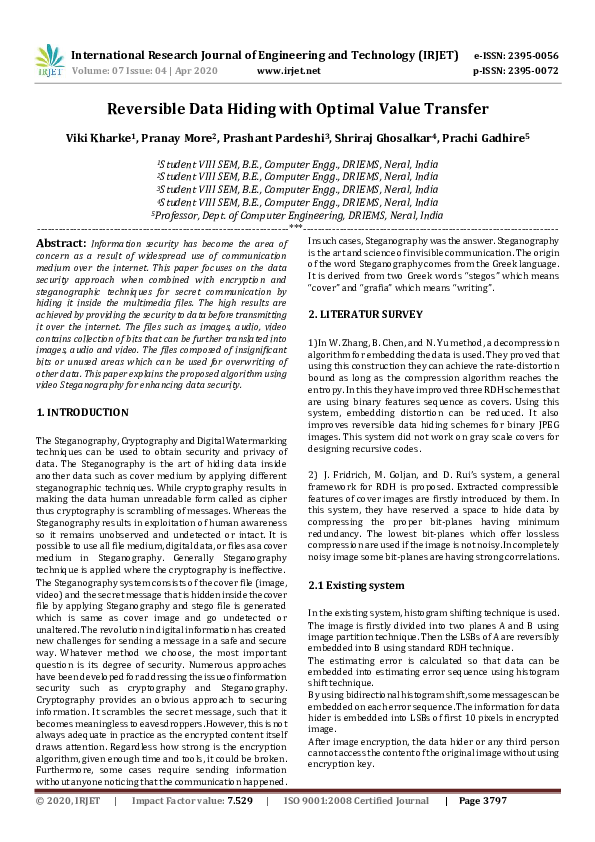 (PDF) IRJET- Reversible Data Hiding with Optimal Value Transfer (PDF) IRJET- Reversible Data Hiding with Optimal Value Transfer