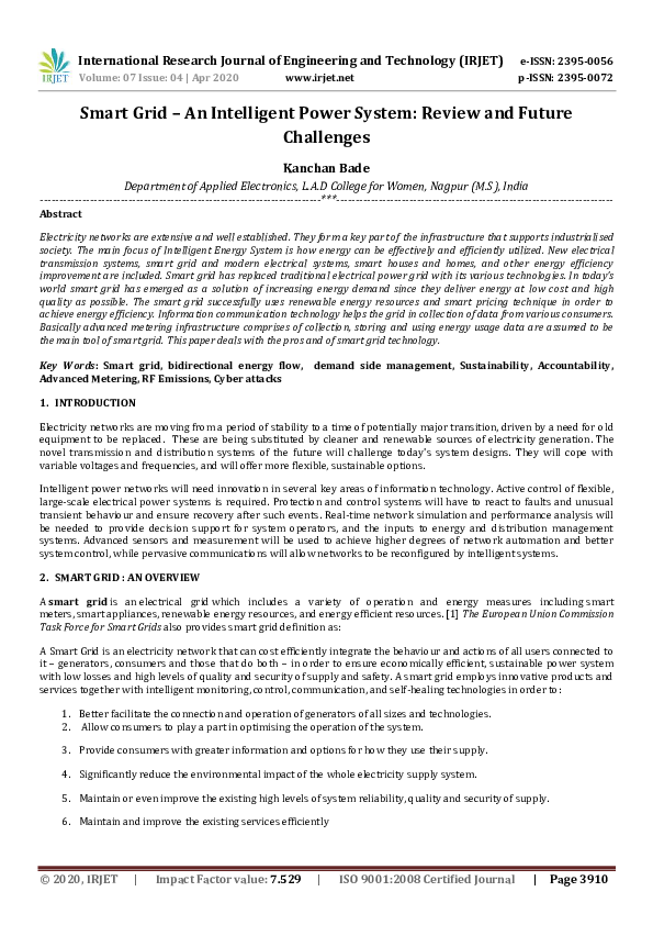 (PDF) IRJET- Smart Grid -An Intelligent Power System: Review and Future ...