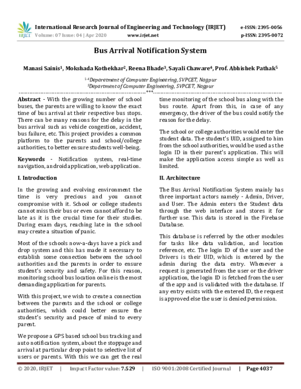 (PDF) IRJET- Bus Arrival Notification System