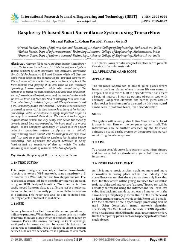 Pdf Irjet Raspberry Pi Based Smart Surveillance System Using Tensorflow