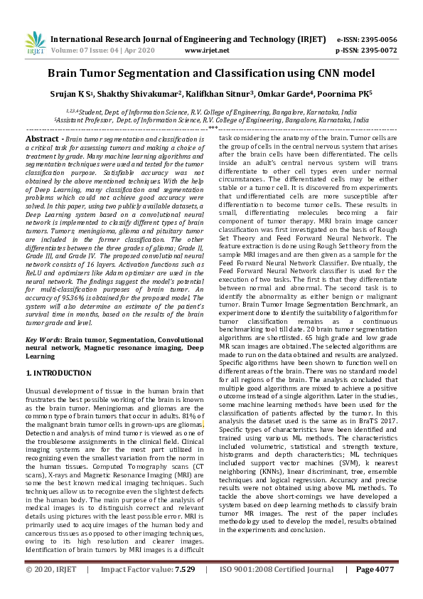 Pdf Irjet Brain Tumor Segmentation And Classification Using Cnn Model