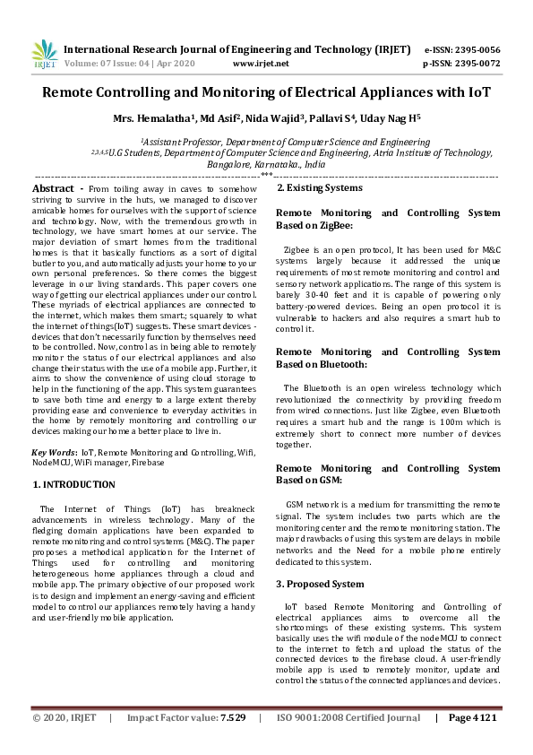 (PDF) IRJET- Remote Controlling and Monitoring of Electrical Appliances with IoT
