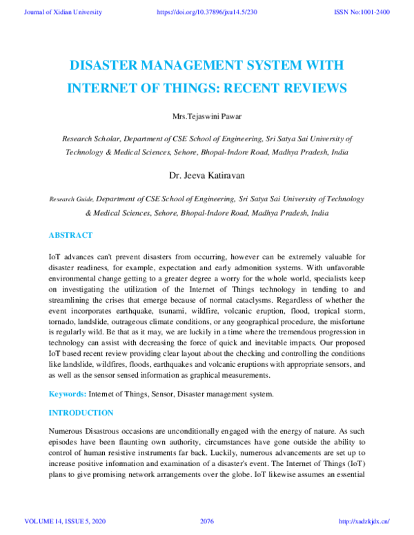 (PDF) DISASTER MANAGEMENT SYSTEM WITH INTERNET OF THINGS: RECENT REVIEWS