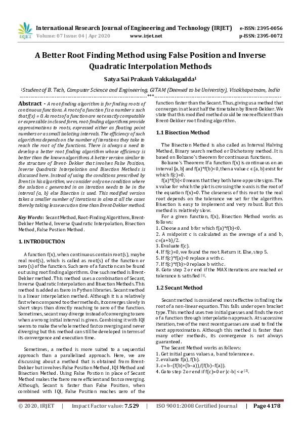 Pdf Irjet A Better Root Finding Method Using False Position And Inverse Quadratic