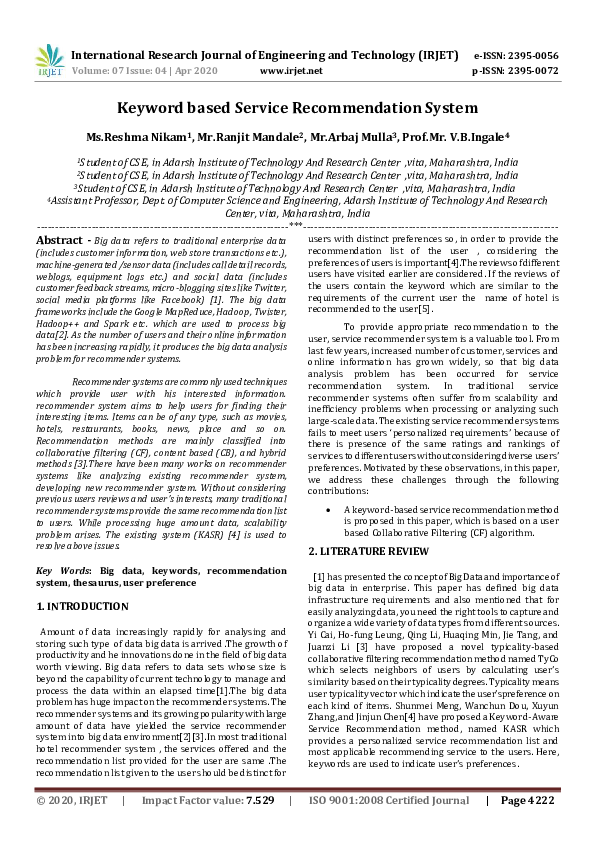 (PDF) IRJET- Keyword based Service Recommendation System