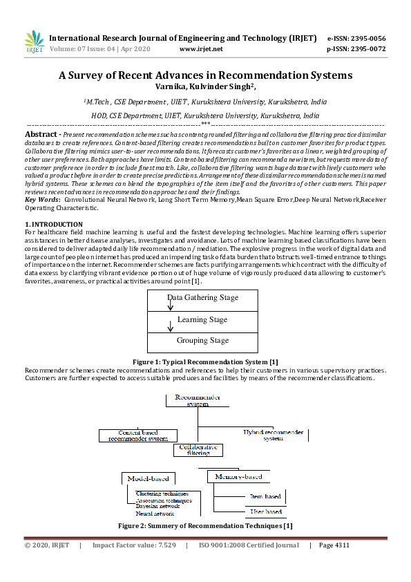 (PDF) IRJET- A Survey of Recent Advances in Recommendation Systems