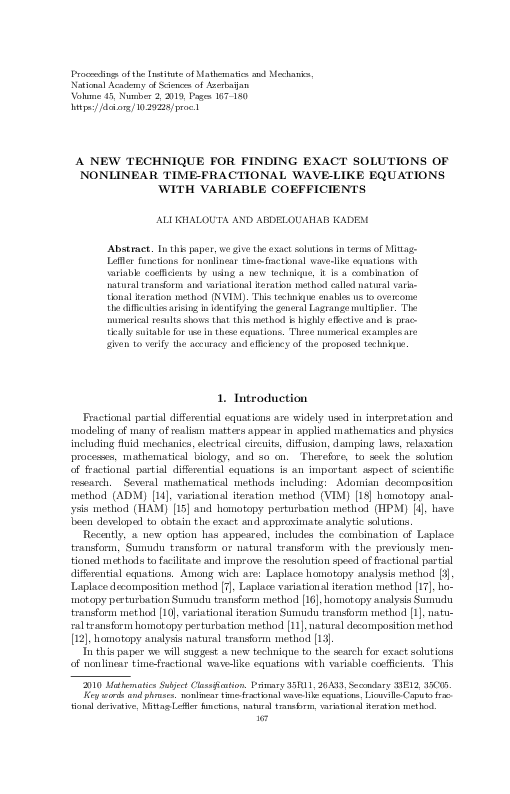 (PDF) A NEW TECHNIQUE FOR FINDING EXACT SOLUTIONS OF NONLINEAR TIME-FRACTIONAL WAVE-LIKE ...
