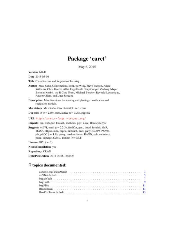 (PDF) Package 'caret' Title Classification and Regression Training