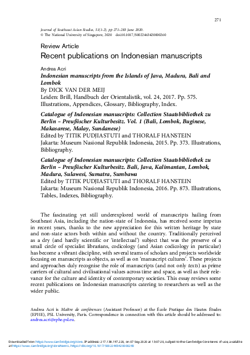 (PDF) 2020. Recent Publications on Indonesian Manuscripts