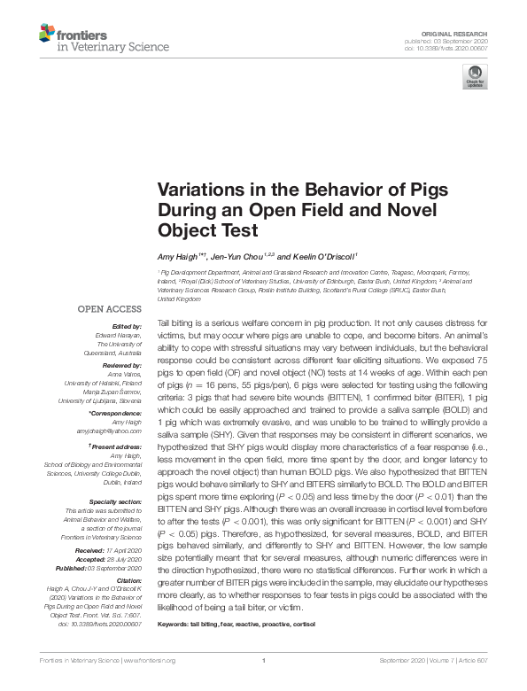 (PDF) Variations in the Behavior of Pigs During an Open Field and Novel ...