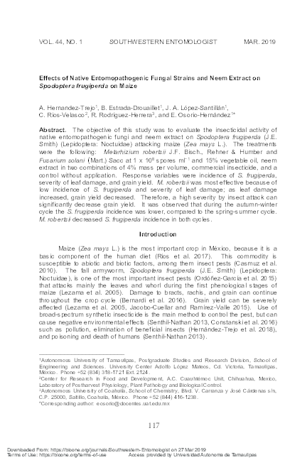 (PDF) Effects of native entomopathogenic fungal strains and neem extract on Spodoptera ...