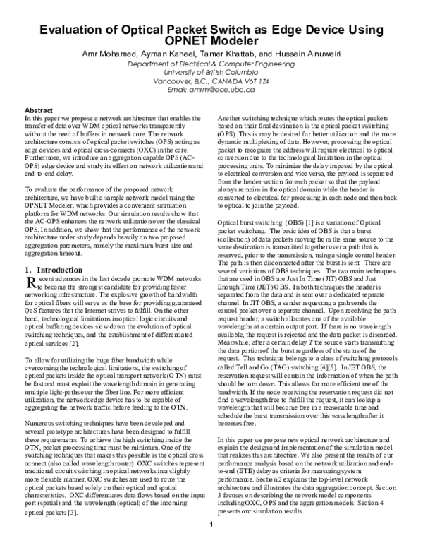 (PDF) Evaluation of optical packet switch as edge device using OPNET modeler
