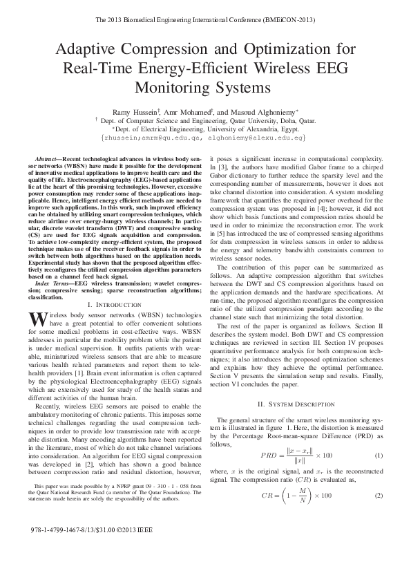 Pdf Adaptive Compression And Optimization For Real Time Energy Efficient Wireless Eeg
