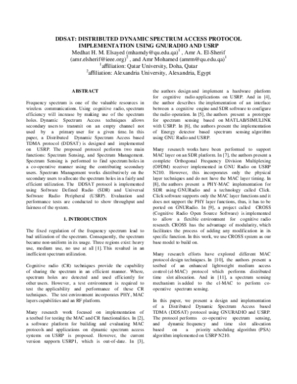 Pdf Ddsat Distributed Dynamic Spectrum Access Protocol Implementation Using Gnuradio And Usrp