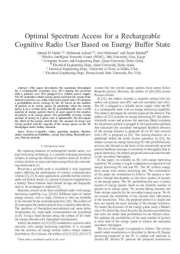 Pdf Optimal Spectrum Access For A Rechargeable Cognitive Radio User Based On Energy Buffer State