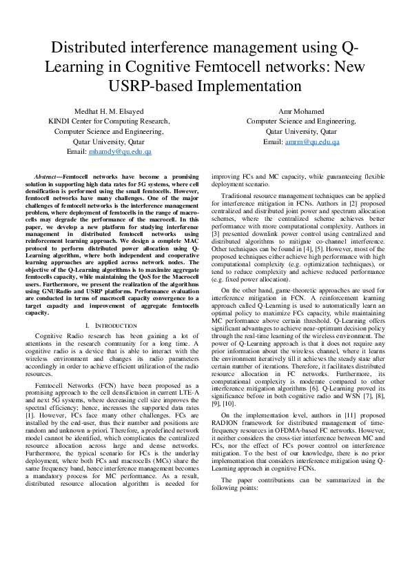 (PDF) Distributed interference management using Q-Learning in cognitive femtocell networks: New ...