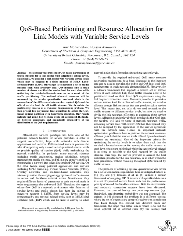 Pdf Qos Based Partitioning And Resource Allocation For Link Models With Variable Service Levels