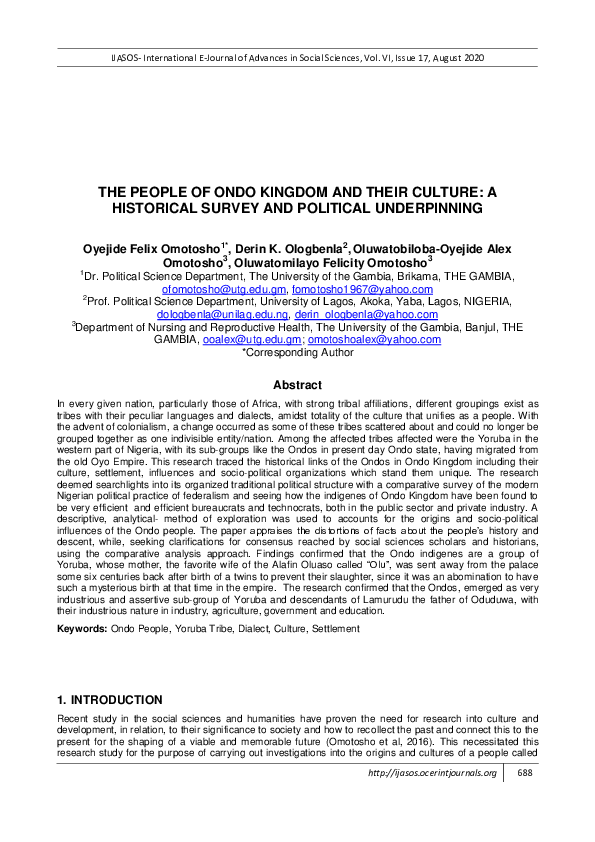 (PDF) THE PEOPLE OF ONDO KINGDOM AND THEIR CULTURE: A HISTORICAL SURVEY ...