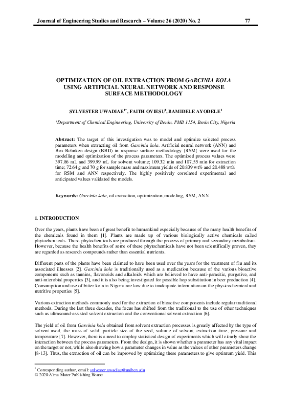 (PDF) OPTIMIZATION OF OIL EXTRACTION FROM GARCINIA KOLA USING ARTIFICIAL NEURAL NETWORK AND ...