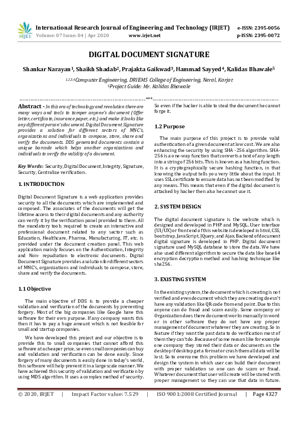 (PDF) IRJET- DIGITAL DOCUMENT SIGNATURE | IRJET Journal - Academia.edu